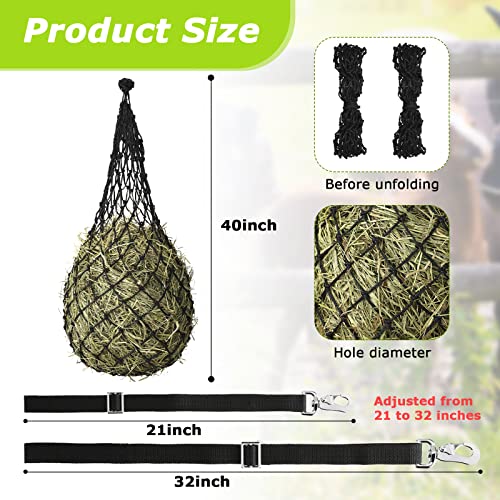 4 Pcs Slow Feed Hay Feeder for Horses, 2 x 2 Holes 40 Inch Length Goat Feed Hay Net Adjustable Nylon Hanging Strap Hay Bags for Horses Feed, Trailer and Stall, Reduce Waste, Black