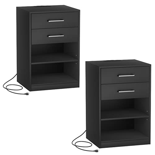 Irontar Nightstands Set of 2, Night Stand with Charging Station, Bedside Table with Removable Shelf, End Table with Open Storage, 2 Drawers Small Dresser for Bedroom, Black BZZ001BE02