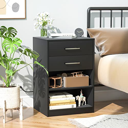 Irontar Nightstands Set of 2, Night Stand with Charging Station, Bedside Table with Removable Shelf, End Table with Open Storage, 2 Drawers Small Dresser for Bedroom, Black BZZ001BE02