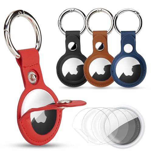 Air Tag Holder for Apple Airtag - Pack of 4 Airtag Keychain Holder Protective tag Tracker for Wallet Dog Collar Luggage and car Keys Keychain | Leather Airtag Holder | Airtag Key Ring | Airtag Cover