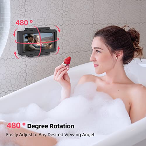 Shower Phone Holder Waterproof 480°Rotation Shower Phone Case Bathroom Wall Mount Phone Holder Adhesive Phone Mount for Shower Wall Mirror Kitchen for iPhone 14 13 12 Pro Max XS XR All 4" - 7" Devices