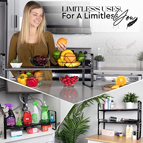 Expandable Kitchen Cabinet Shelf Organizers - Adjustable Height & Width Shelf Riser - Stackable Shelves - Pantry Shelf Organizer Rack - Cupboard Cabinet Storage Shelf Rack - Countertop Organizer