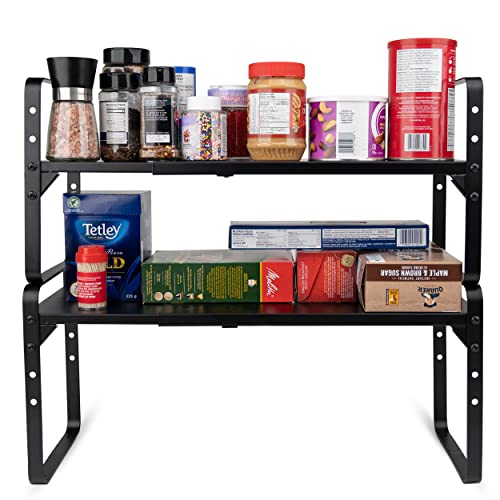 Expandable Kitchen Cabinet Shelf Organizers - Adjustable Height & Width Shelf Riser - Stackable Shelves - Pantry Shelf Organizer Rack - Cupboard Cabinet Storage Shelf Rack - Countertop Organizer