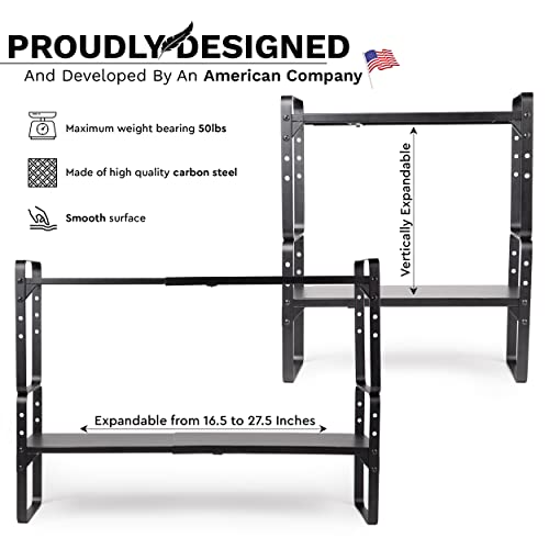 Expandable Kitchen Cabinet Shelf Organizers - Adjustable Height & Width Shelf Riser - Stackable Shelves - Pantry Shelf Organizer Rack - Cupboard Cabinet Storage Shelf Rack - Countertop Organizer