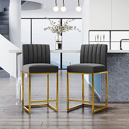 Harper & Bright Designs Dining Chair Set of 2, Modern Counter Height Bar Stools, Dining Chairs with Square Velvet Upholstered Seat and Backrest for Party, Dining Room (Set of 2/Square, Gray+Gold)