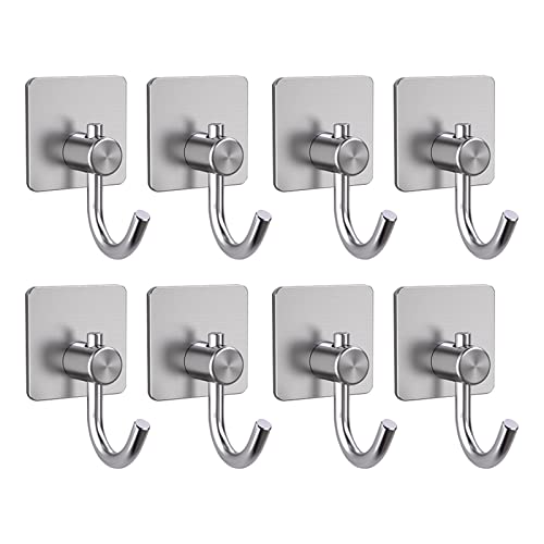 8 Pack Adhesive Hooks Heavy Duty Stainless Steel Wall Hooks Sticky Holder Waterproof Aluminum Towel Hooks for Hanging Coat Hat Key Clothes Closet Hook Wall Mount for Kitchen Bathroom Office