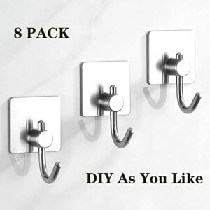 8 Pack Adhesive Hooks Heavy Duty Stainless Steel Wall Hooks Sticky Holder Waterproof Aluminum Towel Hooks for Hanging Coat Hat Key Clothes Closet Hook Wall Mount for Kitchen Bathroom Office