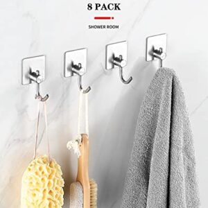 8 Pack Adhesive Hooks Heavy Duty Stainless Steel Wall Hooks Sticky Holder Waterproof Aluminum Towel Hooks for Hanging Coat Hat Key Clothes Closet Hook Wall Mount for Kitchen Bathroom Office