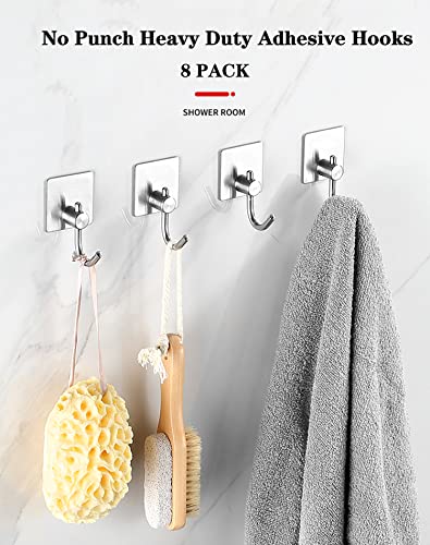 8 Pack Adhesive Hooks Heavy Duty Stainless Steel Wall Hooks Sticky Holder Waterproof Aluminum Towel Hooks for Hanging Coat Hat Key Clothes Closet Hook Wall Mount for Kitchen Bathroom Office