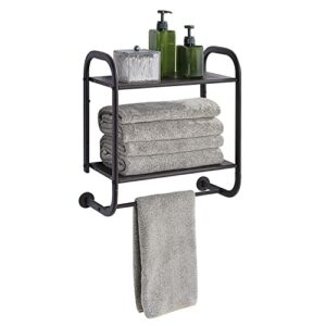 sunnypoint compact wall mount 2 tier bathroom shelf with towel bars (brown)