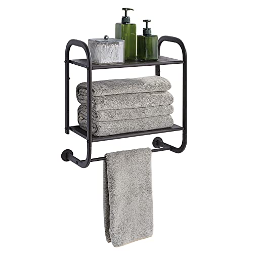 SunnyPoint Compact Wall Mount 2 Tier Bathroom Shelf with Towel Bars (Brown)