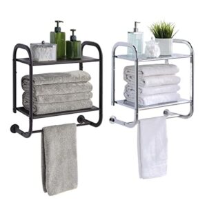 SunnyPoint Compact Wall Mount 2 Tier Bathroom Shelf with Towel Bars (Brown)