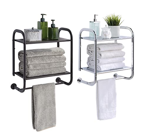 SunnyPoint Compact Wall Mount 2 Tier Bathroom Shelf with Towel Bars (Brown)