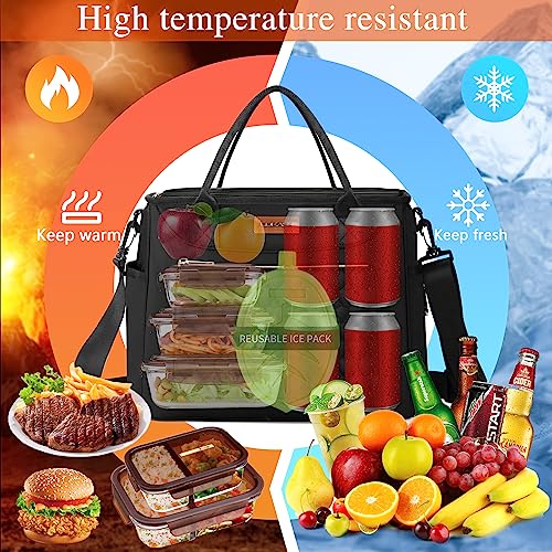 LOKASS Lunch Box - Lunch Bag Women Insulated Lunch Box for Women Teacher Nurse Tote Bag for Work Picnic or Travel Removable Shoulder Strap Side Pocket - Black