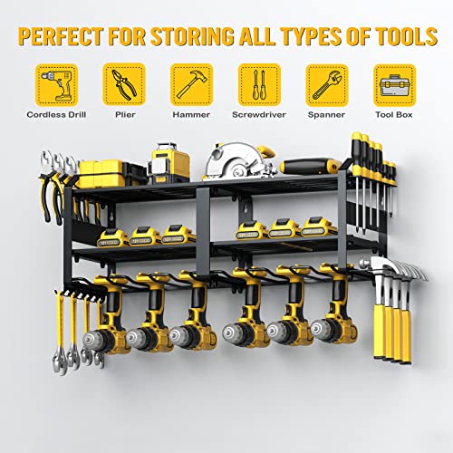 Power Tool Organizer Wall Mounted, 6 Tool Drill Holders with 4 Hangers, Power Tool Rack, Tool Organizer and Storage, Garage Heavy Duty Metal Tool Shelf for Power Tools, Gift for Father