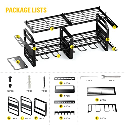 Power Tool Organizer Wall Mounted, 6 Tool Drill Holders with 4 Hangers, Power Tool Rack, Tool Organizer and Storage, Garage Heavy Duty Metal Tool Shelf for Power Tools, Gift for Father