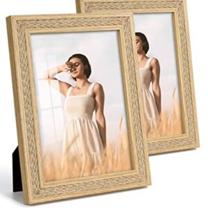 SUMGAR Boho Rattan Picture Frames 5X7 Hemp Rope - Rustic Farmhouse Style Wooden Oak Beige Photo Frames with Glass for Wall Mount and Tabletop Display - Perfect for Family, Friends, Graduation Gifts Set of 2