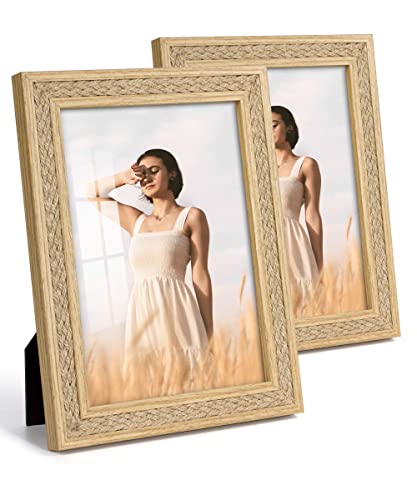 SUMGAR Boho Rattan Picture Frames 5X7 Hemp Rope - Rustic Farmhouse Style Wooden Oak Beige Photo Frames with Glass for Wall Mount and Tabletop Display - Perfect for Family, Friends, Graduation Gifts Set of 2