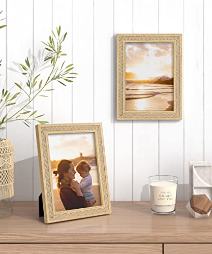 SUMGAR Boho Rattan Picture Frames 5X7 Hemp Rope - Rustic Farmhouse Style Wooden Oak Beige Photo Frames with Glass for Wall Mount and Tabletop Display - Perfect for Family, Friends, Graduation Gifts Set of 2