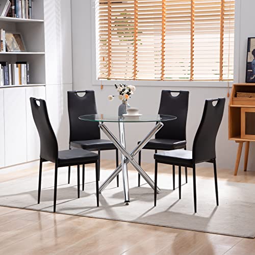 Black PU Leather Dining Chairs Set of 4 Living Room Chairs - Modern Upholstered Side Chairs with Stable Metal Legs, Carrying Handle, Kitchen Armless Chair for Dining Room, Kitchen, Restaurant