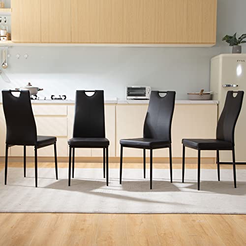 Black PU Leather Dining Chairs Set of 4 Living Room Chairs - Modern Upholstered Side Chairs with Stable Metal Legs, Carrying Handle, Kitchen Armless Chair for Dining Room, Kitchen, Restaurant