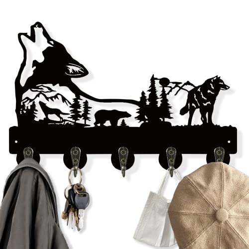 SCITOY Wolf Key Holder, Animal Theme Wall Mount Organizer, Wooden Key Hooks with 5 Metal Hooks,19 * 29 * 3cm Black Home Decoration for Storage, Living Room, Hallway, Office