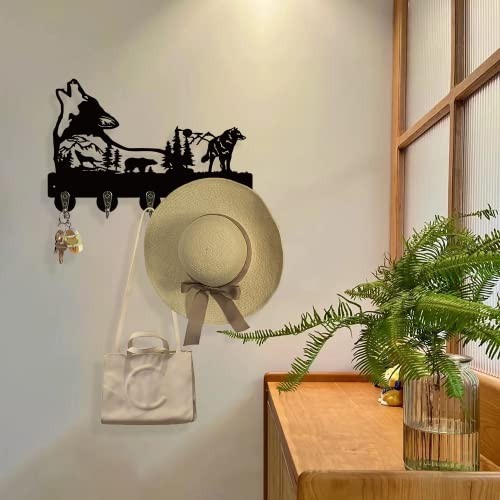 SCITOY Wolf Key Holder, Animal Theme Wall Mount Organizer, Wooden Key Hooks with 5 Metal Hooks,19 * 29 * 3cm Black Home Decoration for Storage, Living Room, Hallway, Office