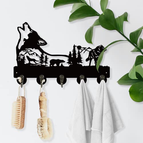 SCITOY Wolf Key Holder, Animal Theme Wall Mount Organizer, Wooden Key Hooks with 5 Metal Hooks,19 * 29 * 3cm Black Home Decoration for Storage, Living Room, Hallway, Office