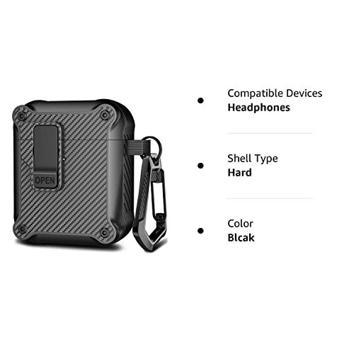 R-fun Airpods Case Cover with Automatic Secure Lock Clip, Protective Rugged Hard Shell for Apple Airpods 2nd & 1st Generation Charging Case with Carbon Fiber Keychain-Black