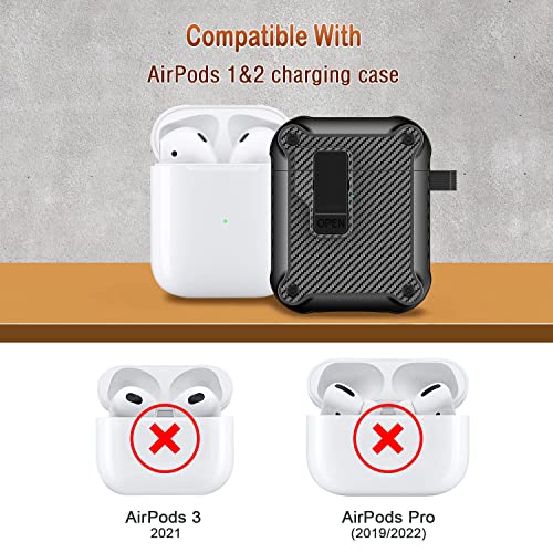 R-fun Airpods Case Cover with Automatic Secure Lock Clip, Protective Rugged Hard Shell for Apple Airpods 2nd & 1st Generation Charging Case with Carbon Fiber Keychain-Black