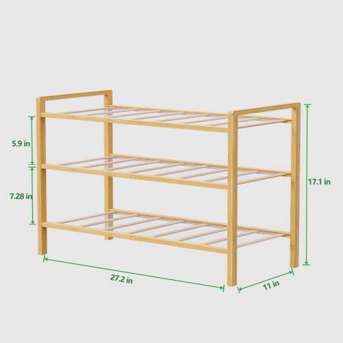 CoMokin Bamboo 3 Tier Shoe Rack Stackable Shoe Shelf Storage Organizer with Side Pockets for Unit Entryway Hallway and Closet Sturdy Free Standing Shoe Rack