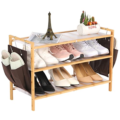 CoMokin Bamboo 3 Tier Shoe Rack Stackable Shoe Shelf Storage Organizer with Side Pockets for Unit Entryway Hallway and Closet Sturdy Free Standing Shoe Rack