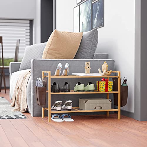 CoMokin Bamboo 3 Tier Shoe Rack Stackable Shoe Shelf Storage Organizer with Side Pockets for Unit Entryway Hallway and Closet Sturdy Free Standing Shoe Rack