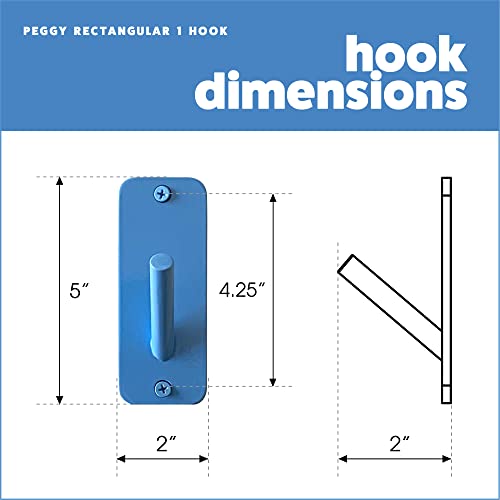 Wall Coat Hooks - Peggy Rectangular 1 Hook - Pack of 4 - Blue Finish. Heavy Duty Metal Hooks with screws for Hanging Coats, Robes, Backpack, Towel, Keys, Hats. Hooks for College Dorm.