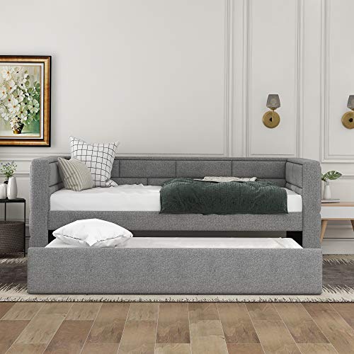 YILIBO Wood Bed Twin Size Trundle, Upholstered Daybed with Padded Back, Space-Saving Design, Built-in Solid Slat Support for Kids Teens Bedroom, No Box Spring Needed, Grey