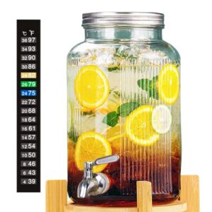 Mapeoes 1.5 Gallon Glass Beverage Drink Dispenser with 304 Stainless Steel Spigot and Lid, Temperature Sticker for Brew Kombucha Wine,Large Mason jar Container for Juice Water at Party Fridge,Clear