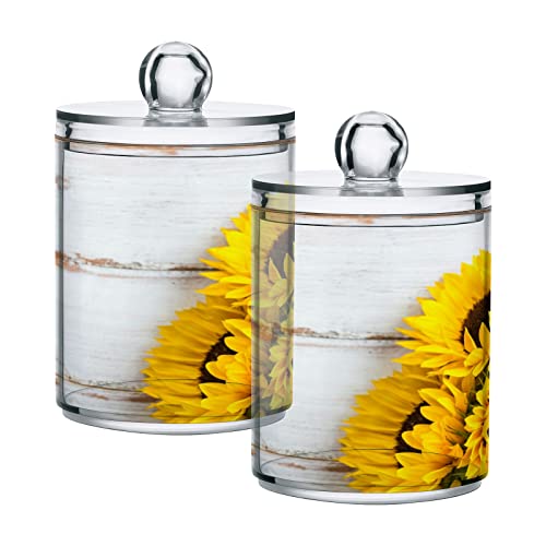 ALAZA Yellow Sunflower Wooden Plank 2 Pack Qtip Holder Dispenser 14 Oz Clear Plastic Apothecary Jar Containers Jars Bathroom for Cotton Swab, Ball, Pads, Floss, Vanity Makeup Organizer