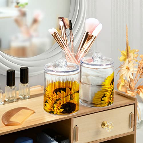 ALAZA Yellow Sunflower Wooden Plank 2 Pack Qtip Holder Dispenser 14 Oz Clear Plastic Apothecary Jar Containers Jars Bathroom for Cotton Swab, Ball, Pads, Floss, Vanity Makeup Organizer