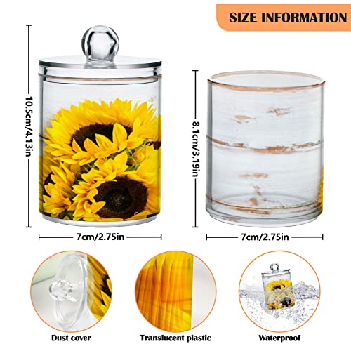 ALAZA Yellow Sunflower Wooden Plank 2 Pack Qtip Holder Dispenser 14 Oz Clear Plastic Apothecary Jar Containers Jars Bathroom for Cotton Swab, Ball, Pads, Floss, Vanity Makeup Organizer