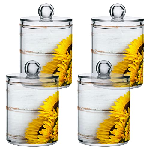 ALAZA Yellow Sunflower Wooden Plank 2 Pack Qtip Holder Dispenser 14 Oz Clear Plastic Apothecary Jar Containers Jars Bathroom for Cotton Swab, Ball, Pads, Floss, Vanity Makeup Organizer