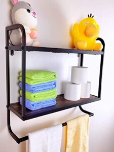 2-tier bathroom shelves wall mounted,23.6"l x 7.87"w x 22.8"h, rustic wall shelf over toilet,towel rack with towel bar,utility storage shelf rack, floating shelves towel holder,retro black