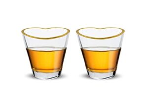 ruglush heart shaped shot glasses with gold rim 2 pack, korean soju shot glasses, clear heart shot glass set for soju whiskey vodka espresso liquor, drinking gift for men and women, 2oz