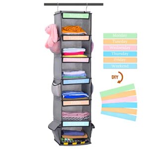 btideas weekly hanging clothes organizer for kids, 6-shelf kids closet organizers and storage, 48"x12"x12" collapsible daily kids clothes organizer hanging closet shelves with 6 side pockets (gray)