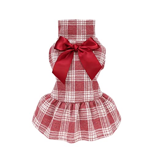 Fitwarm Dog Christmas Outfit, Winter Dog Dress, Dog Clothes for Small Dogs Girl, Turtleneck Plaid Pet Costume, Cat Apparel, Red, XXS