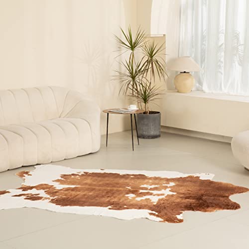 MustMat Faux Cowhide Area Rug Brown Cow Rug Western Decor for Living Room Approx 5.2' x 6.5'