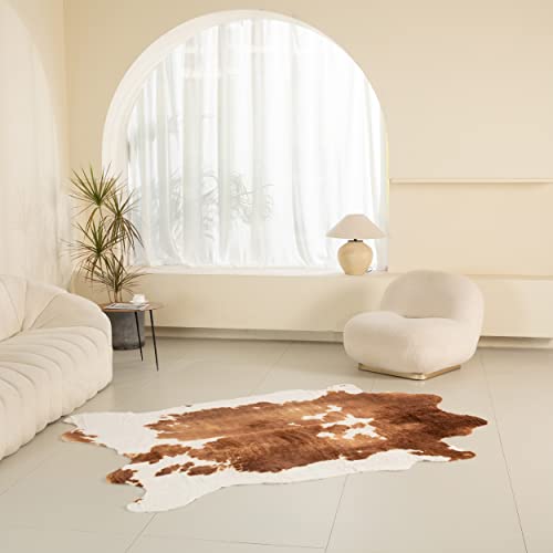 MustMat Faux Cowhide Area Rug Brown Cow Rug Western Decor for Living Room Approx 5.2' x 6.5'