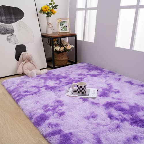 RUGICI Luxury Shag Area Rug, 3x5 Feet, Tie Dyed Purple Plush Fuzzy Rugs for Living Room Bedroom Kids Room Decor, Non-Slip Shaggy Furry Carpets