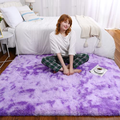 RUGICI Luxury Shag Area Rug, 3x5 Feet, Tie Dyed Purple Plush Fuzzy Rugs for Living Room Bedroom Kids Room Decor, Non-Slip Shaggy Furry Carpets