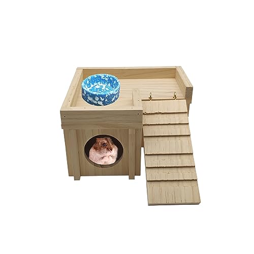 Acsist Wooden Hamster Hideout Hamster Wood House with Ladder Habitats Decor Detachable Small Animals Cage Accessories for Hamster Rat Gerbils and Other Small Pets