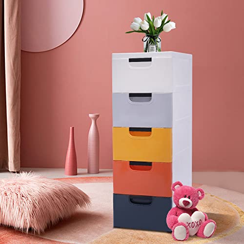 Narrow Plastic Drawers Dresser with 5 Drawers, 15.75 x 11.81 x 33.07inches Plastic Tower Closet Organizer with Wheels Suitable for Apartments Condos And Dorm Rooms, Gdrasuya10 (Colorful B)